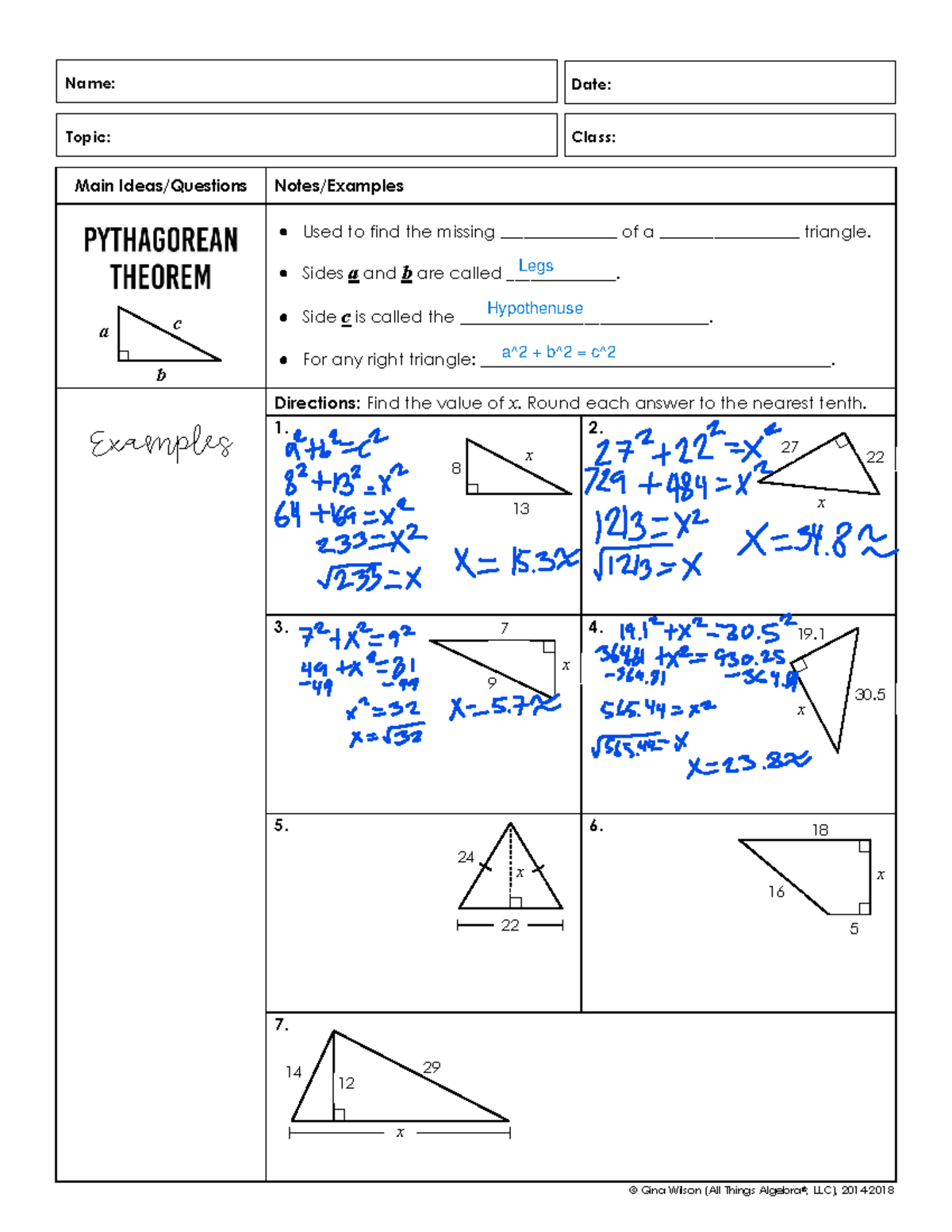 Pythagorean Theorem Notes (G) - Finding Missing Triangle Sides - Studocu
