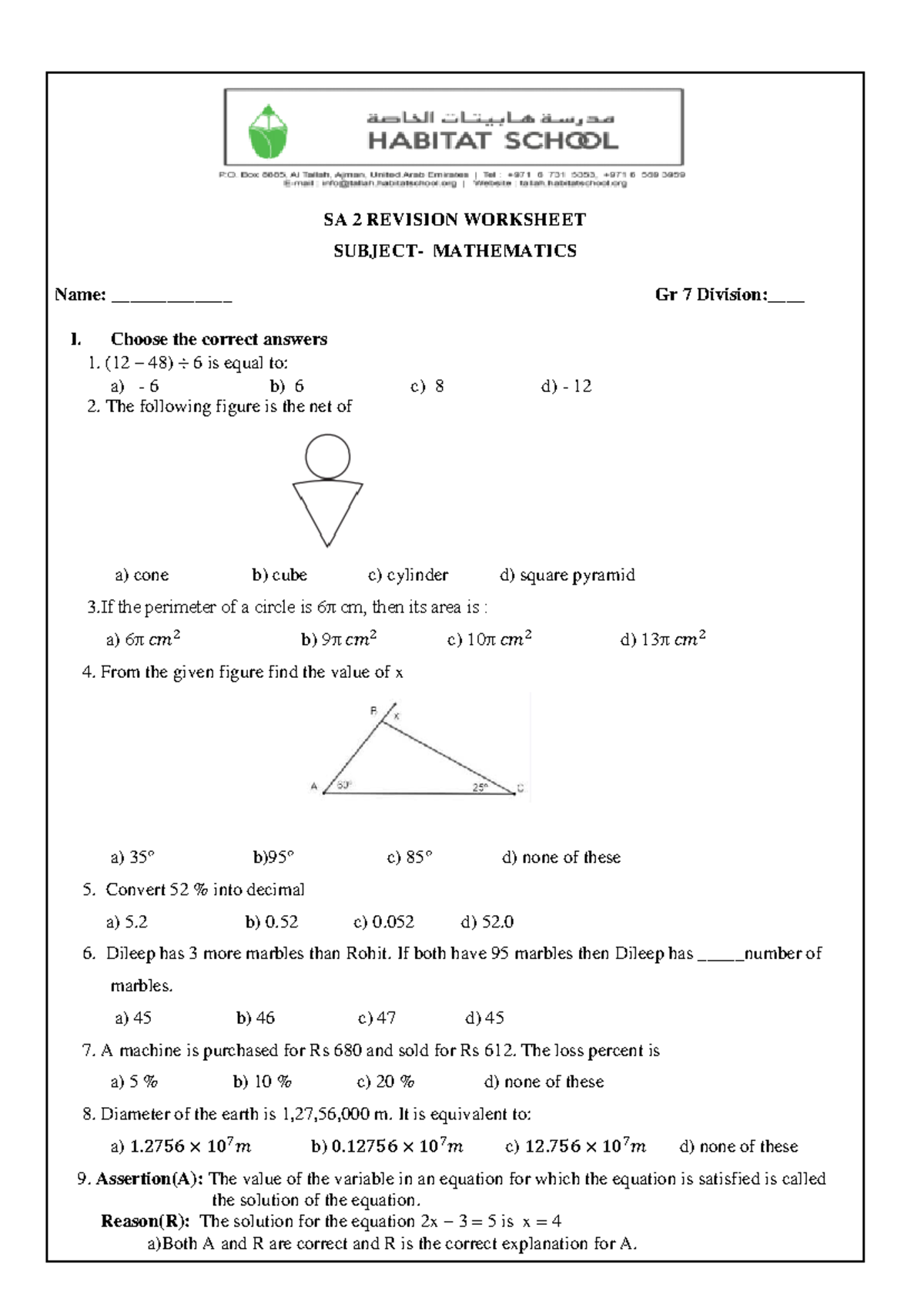 SA 2 Revision Worksheet - Mathematics Gr 7 - Studocu