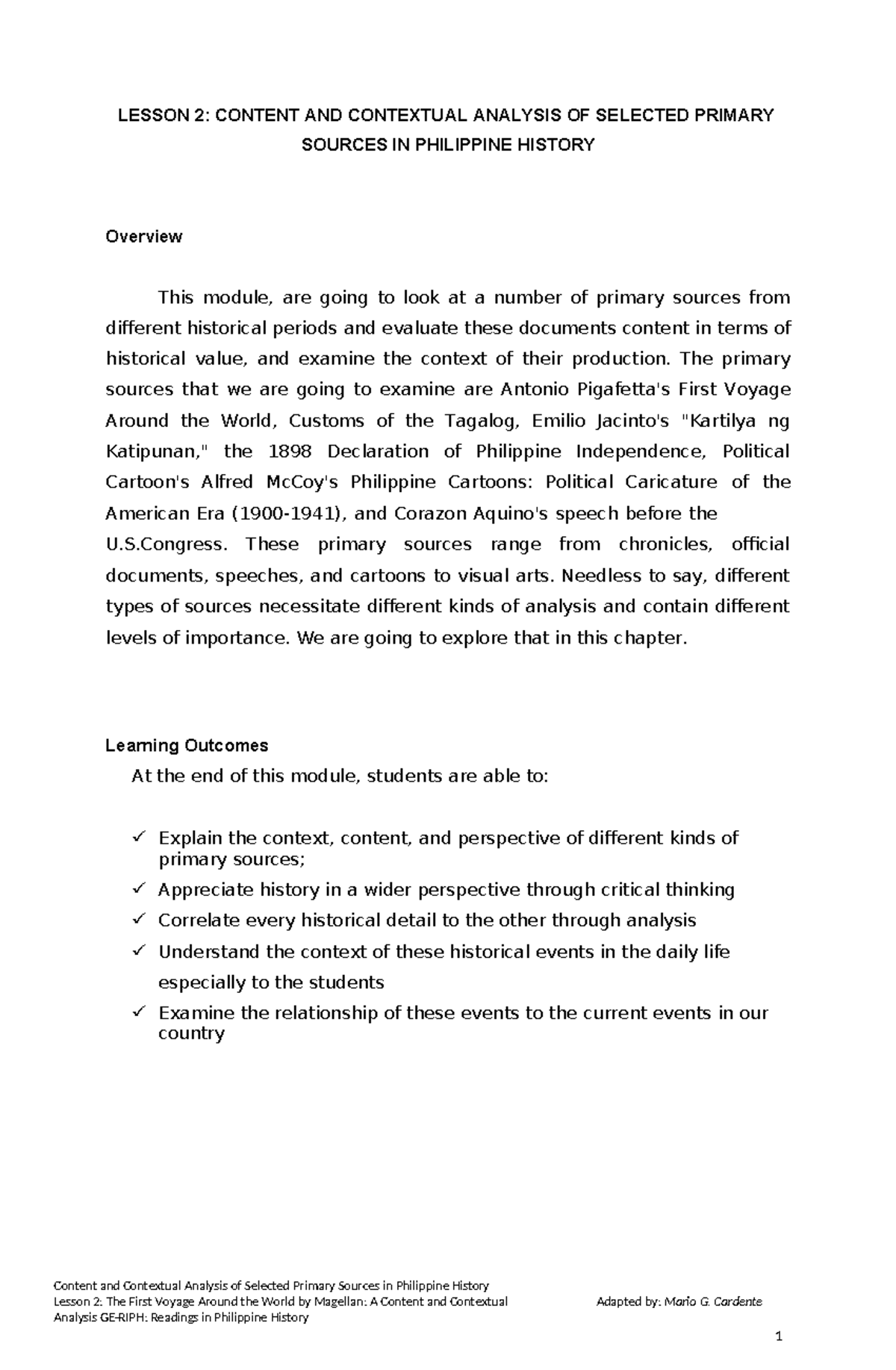 Lesson 2 GE RIPH 1: Content & Contextual Analysis of Primary Sources in ...