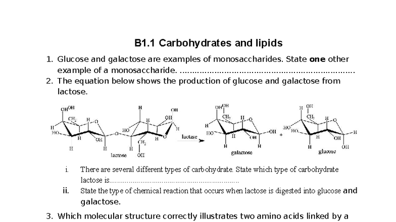 B1.1 Carbohydrates and Lipids: Key Concepts and Questions - Studocu