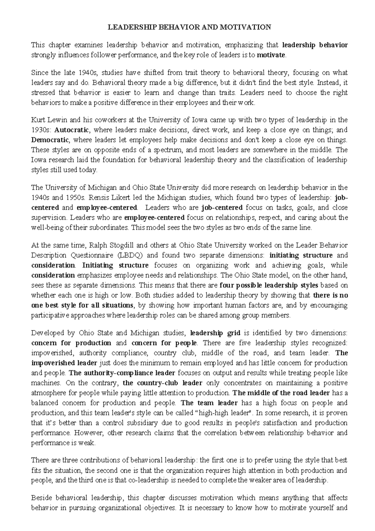 Chap 3 - Leadership Behavior & Motivation Summary - Studocu