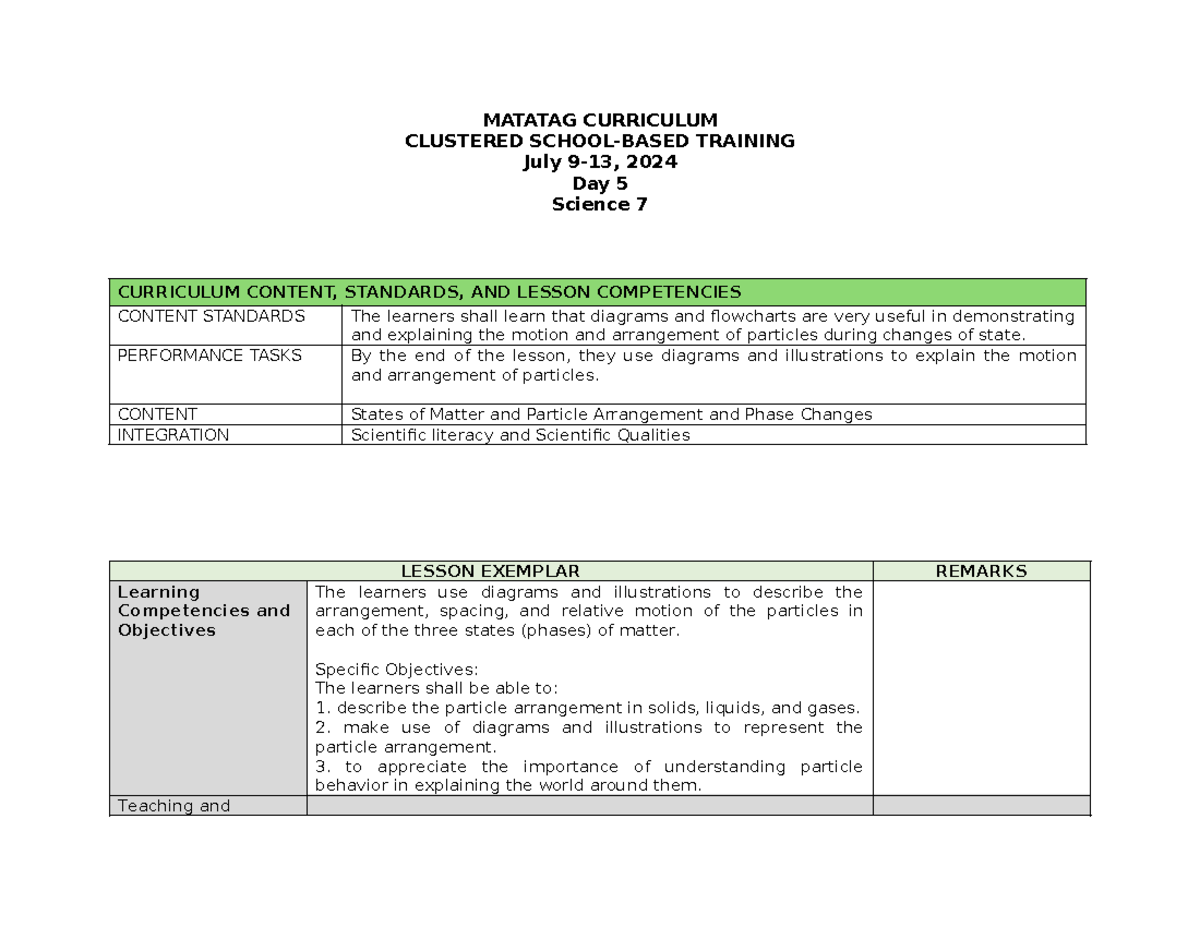 Science 7 Lesson Exemplar: Matatag Curriculum Overview - Studocu