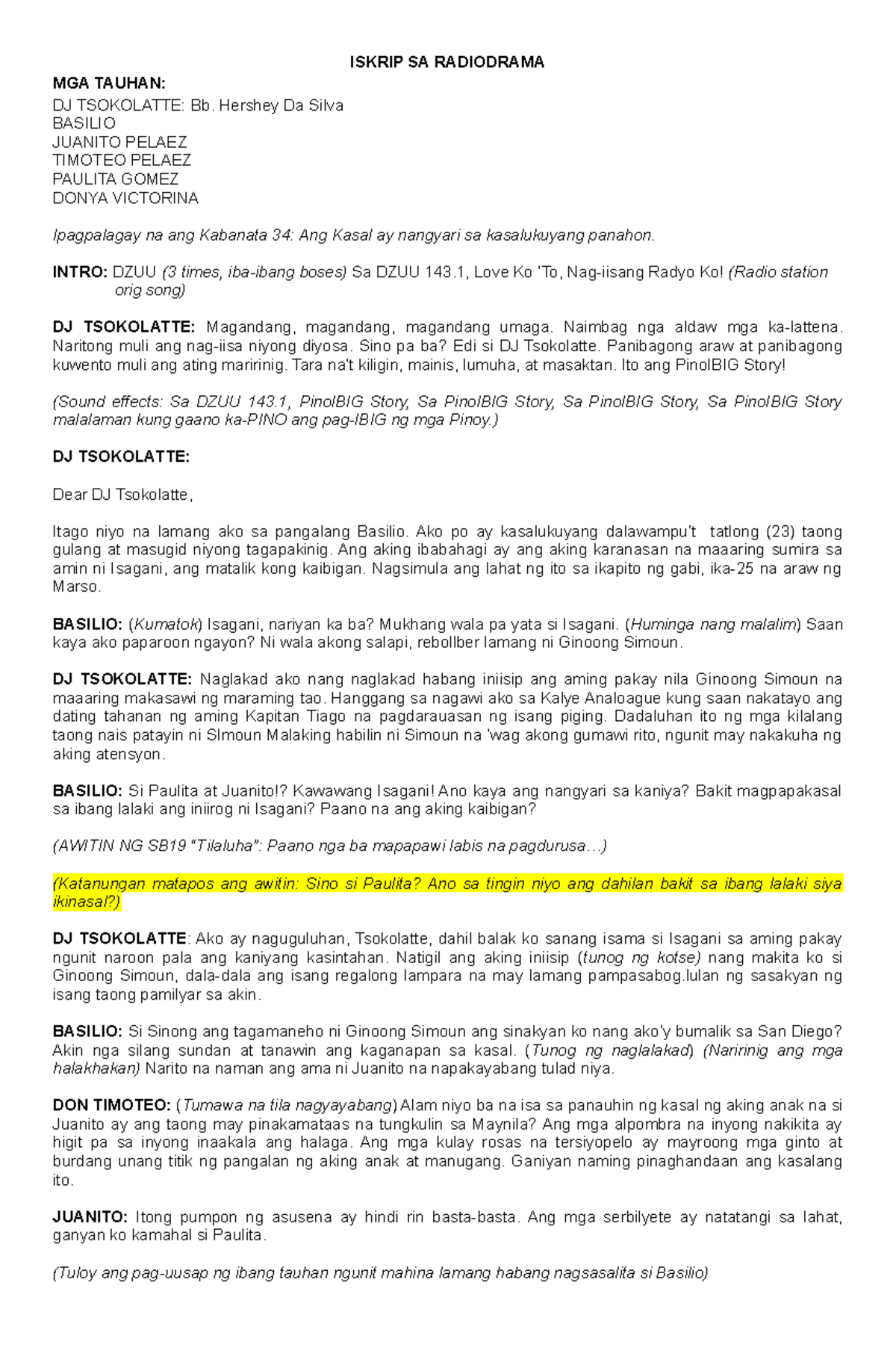 ISKRIP SA RADIODRAMA: Kabanata 34 - Ang Kasal at mga Tauhan - Studocu