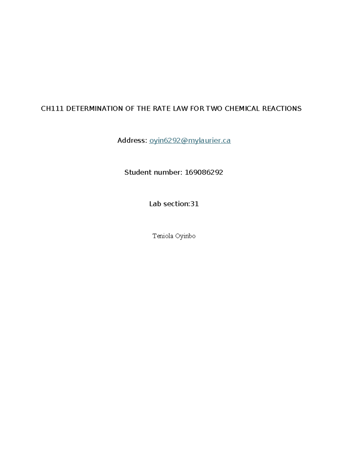 CH111 Rate Law Determination for 2 Chemical Reactions Lab Guide - Studocu