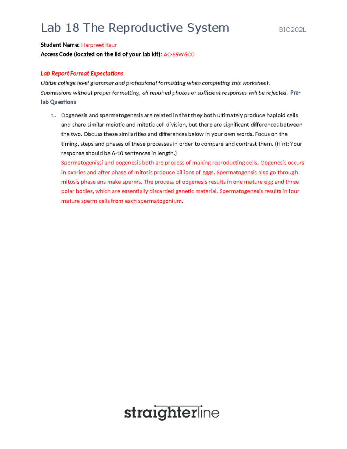 BIO202 Lab 18 - Reproductive System Anatomy & Processes Report - Studocu