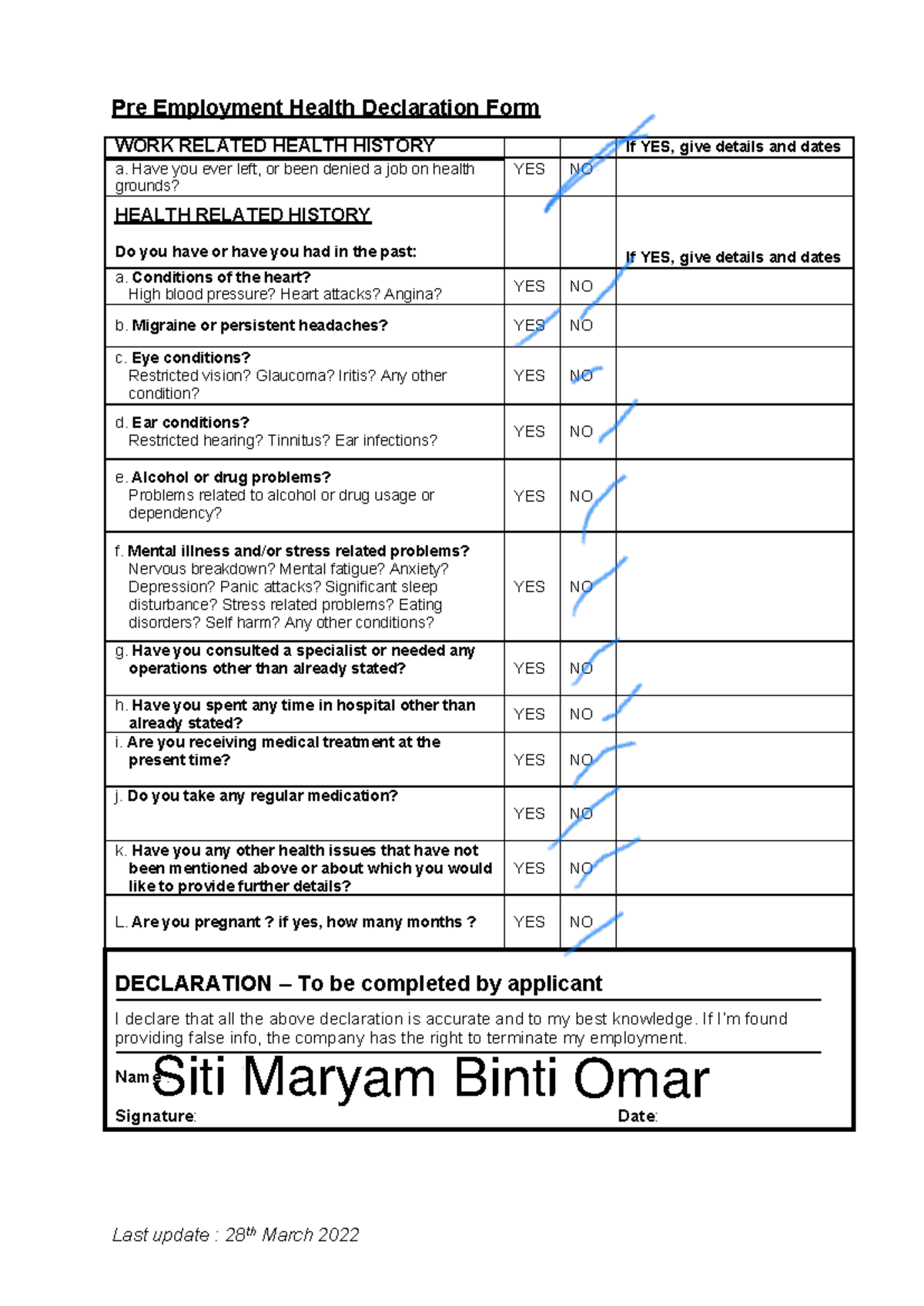 Pre Employment Health Declaration Form - Key Issues and Details - Studocu
