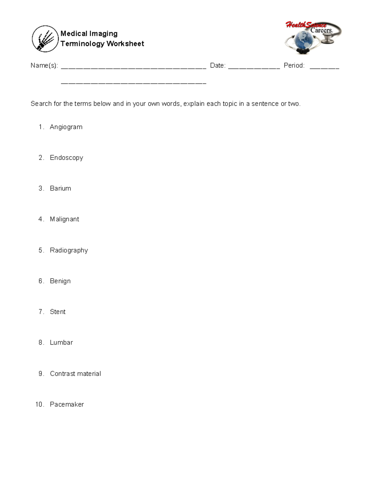D1 Medical Imaging Terminology Worksheet - COUNS 45 - Name(s): - Studocu