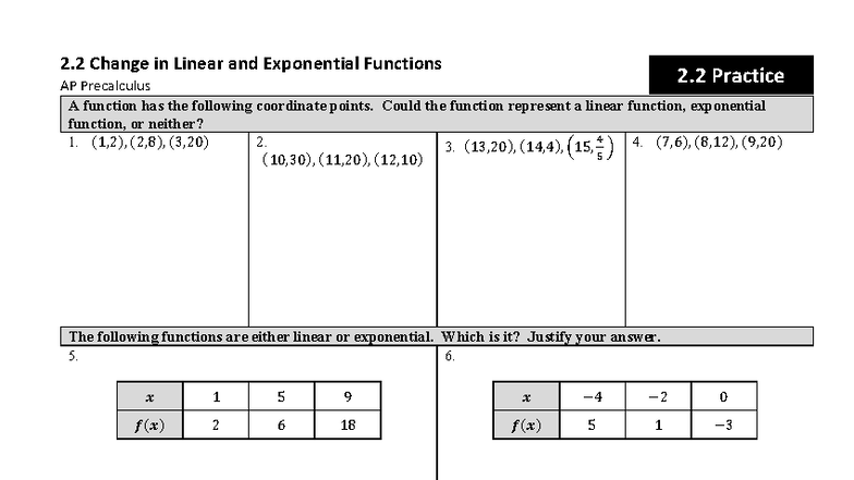 AP Precalculus: Change in Linear & Exponential Functions Practice - Studocu