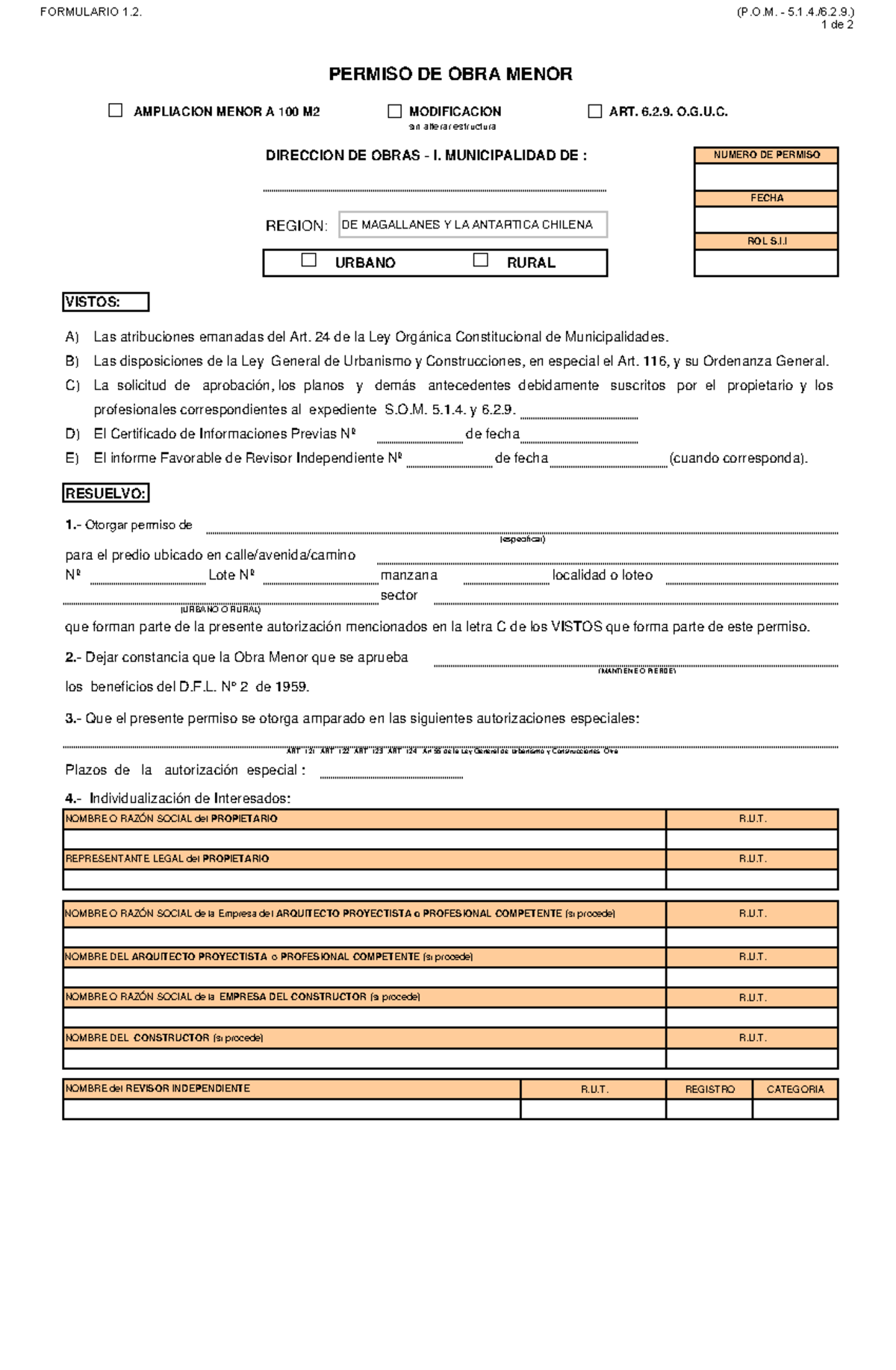Permiso de edificacion obras menores - A) B) C) D) E) Nº Lote Nº sector ROL S.I NOMBRE del ...