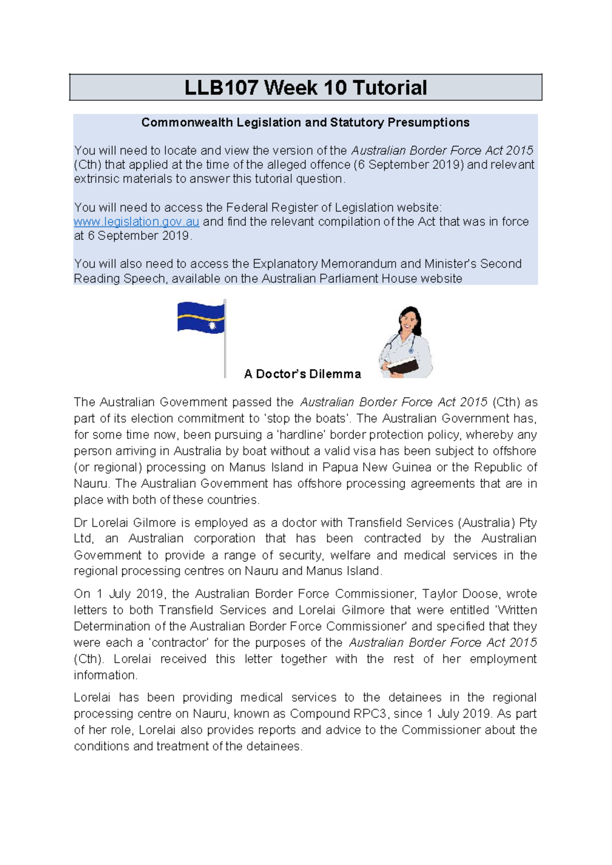 LLB107 Week 10 Tutorial: Australian Border Force Act 2015 Analysis ...