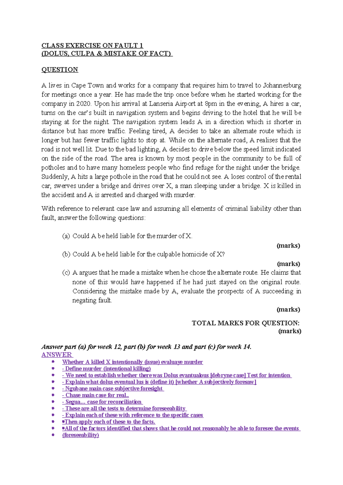 Class Exercise on Fault 1: Dolus, Culpa & Mistake of Fact Analysis ...