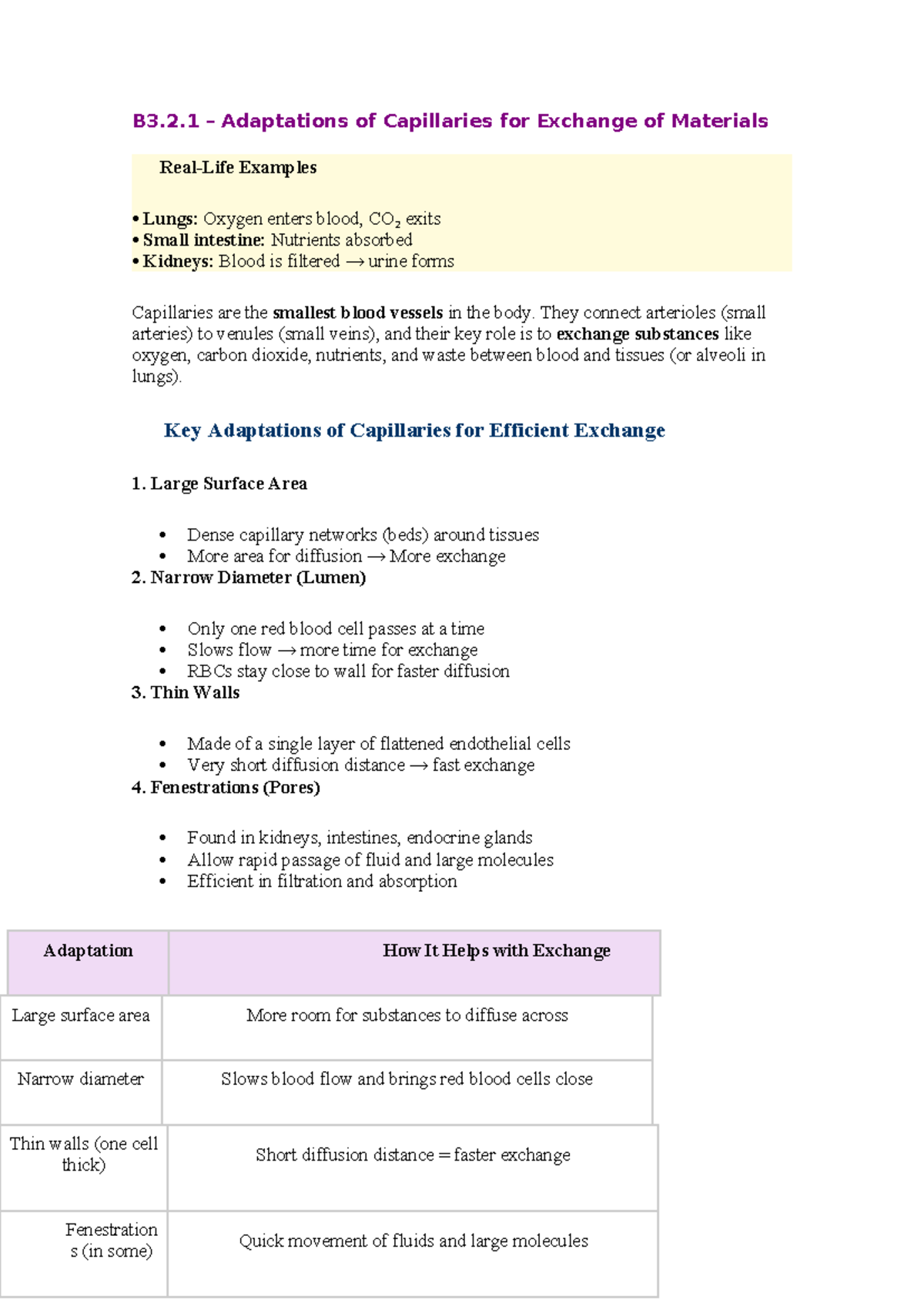 B3.2.1 Adaptations of Capillaries and Blood Vessels for Material ...