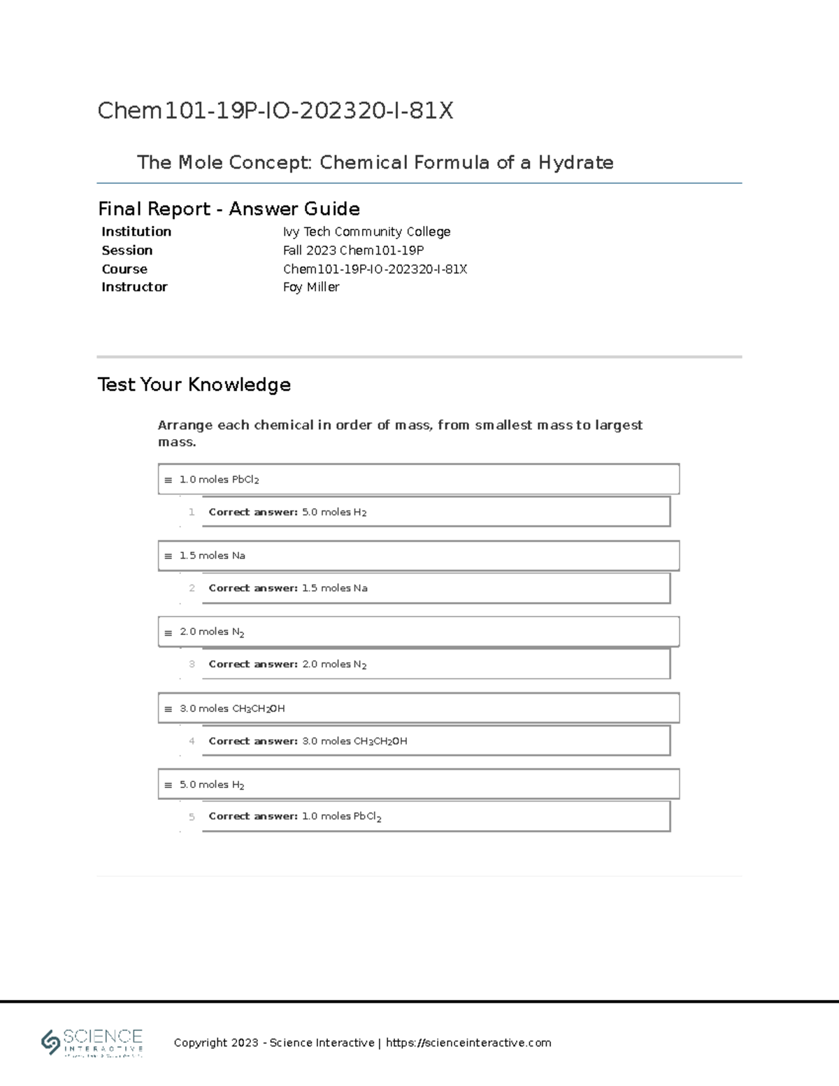 Final Report: Mole Concept & Hydrate Formulas - Chem101-19P - Studocu
