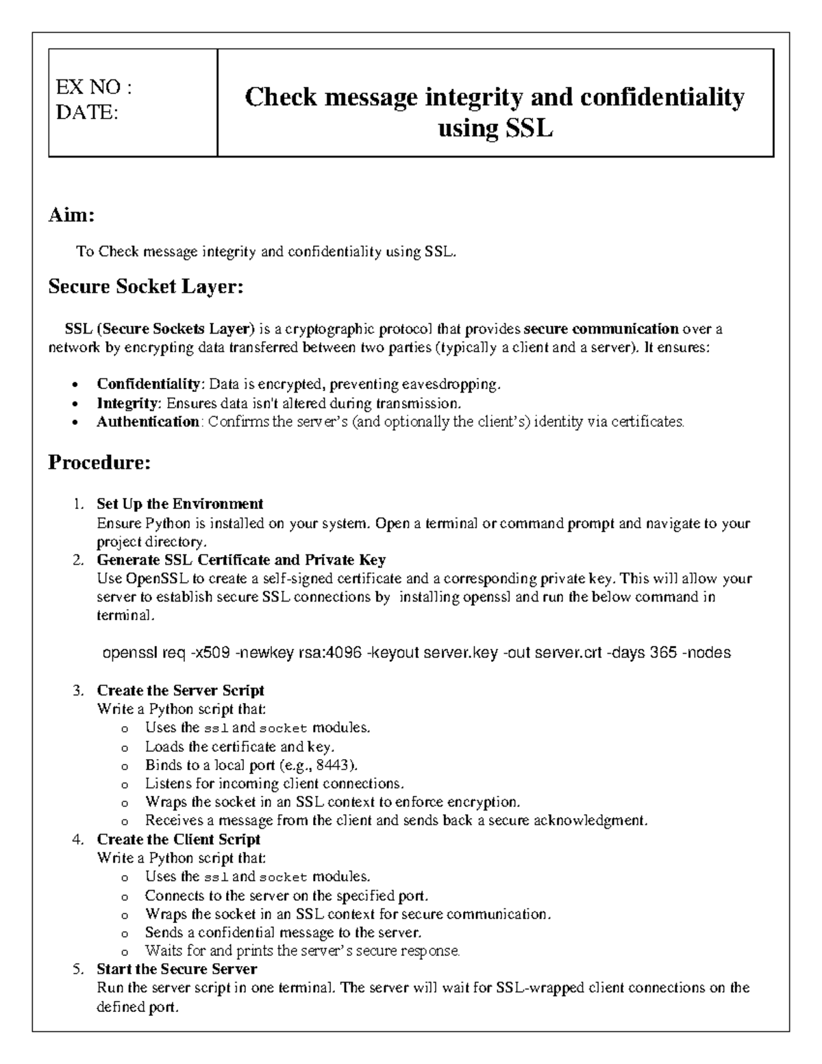 SSL Implementation for Message Integrity & Confidentiality (EX NO ...