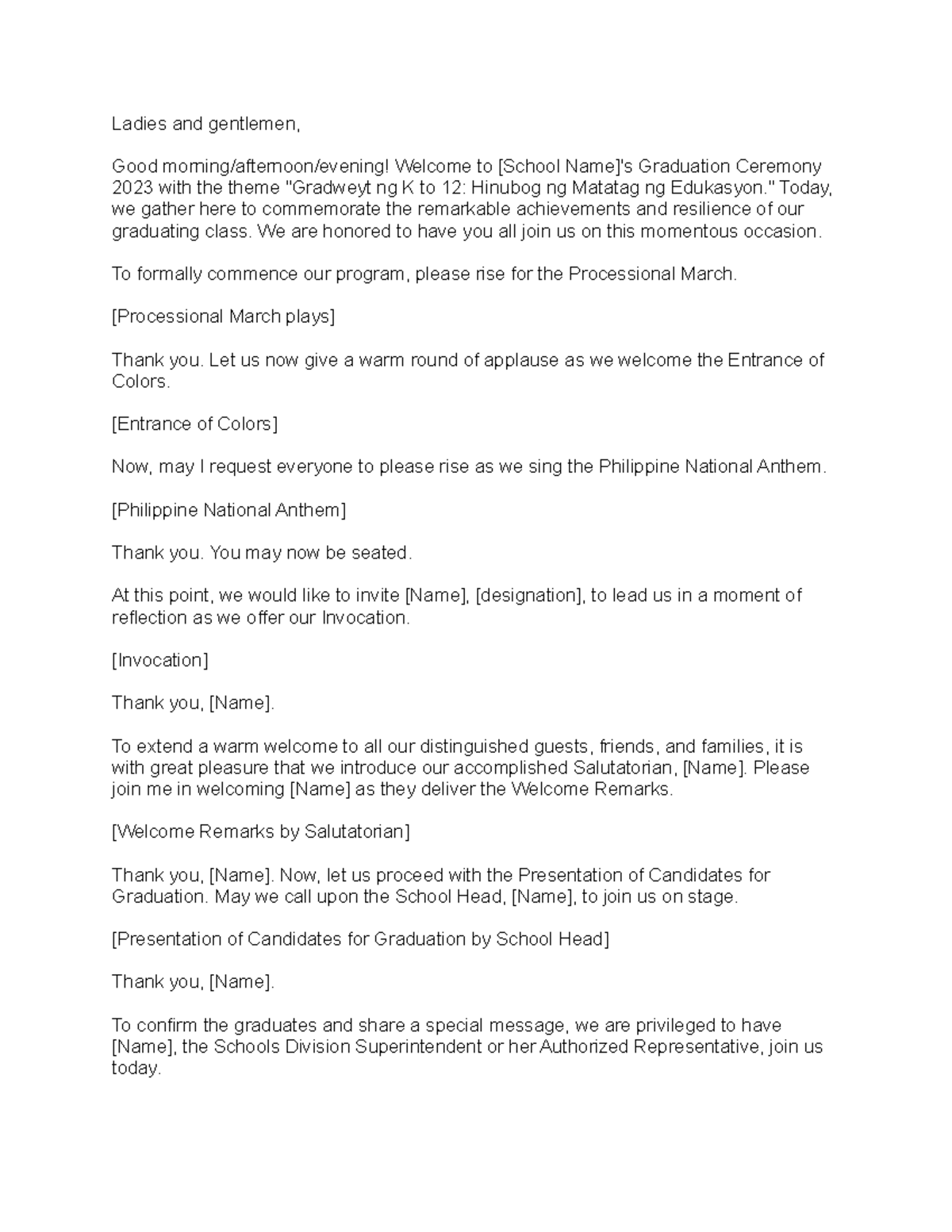 Graduation Emcee Script for 2023 Ceremony at [School Name] - Studocu