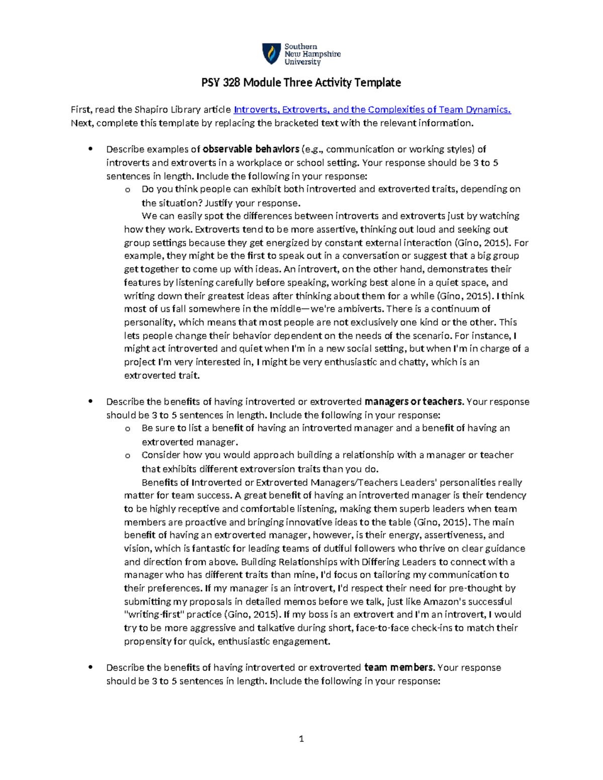 PSY 328 Module Three Activity: Exploring Introversion and Extroversion ...