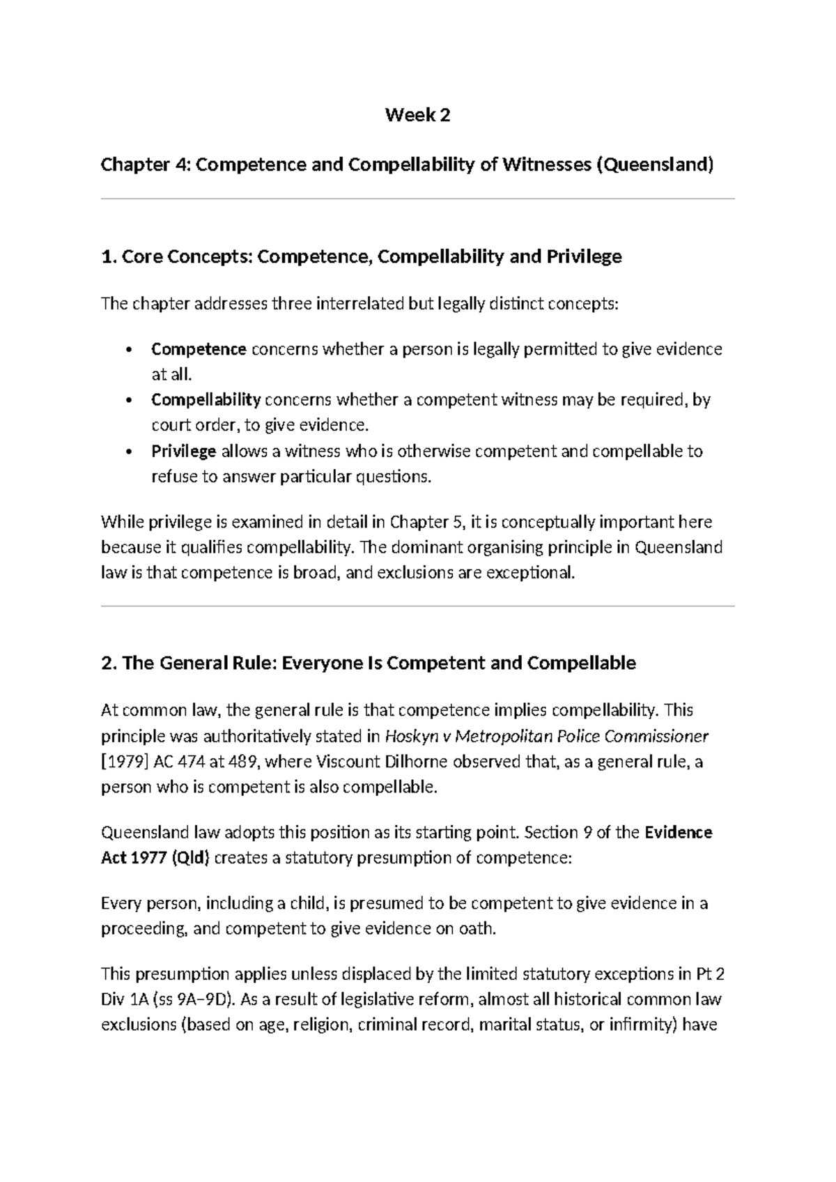 Week 2 Lecture Notes: Competence & Compellability of Witnesses (Qld ...