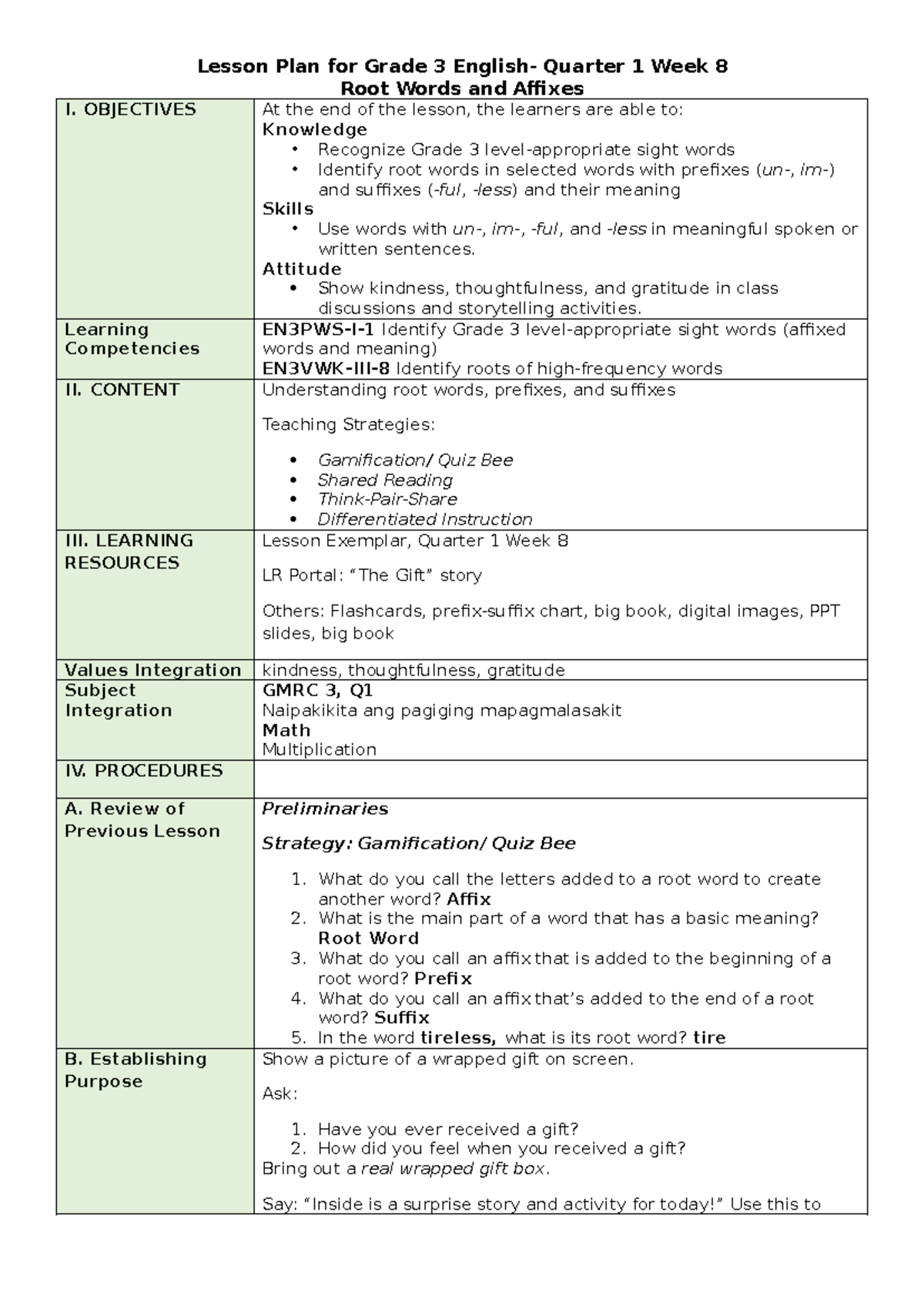 Grade 3 Lesson Plan: Root Words & Affixes (Q1, Week 8) - Studocu