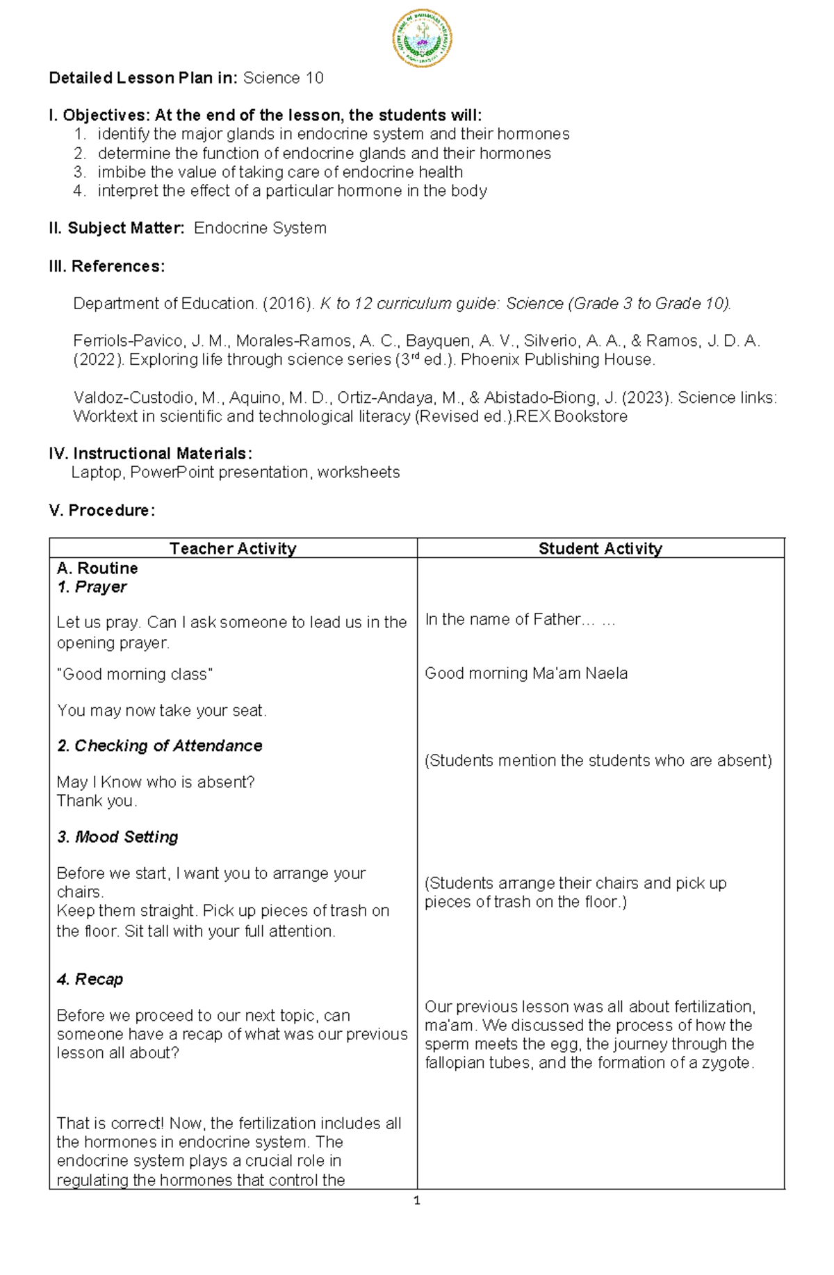 LP 2 IBED - Endocrine System True - Detailed Lesson Plan in: Science 10 ...