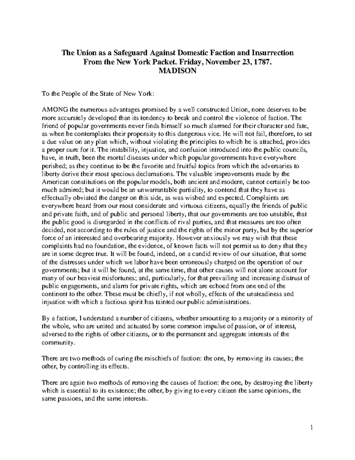 The Union as a Safeguard Against Faction and Insurrection (Civics ...