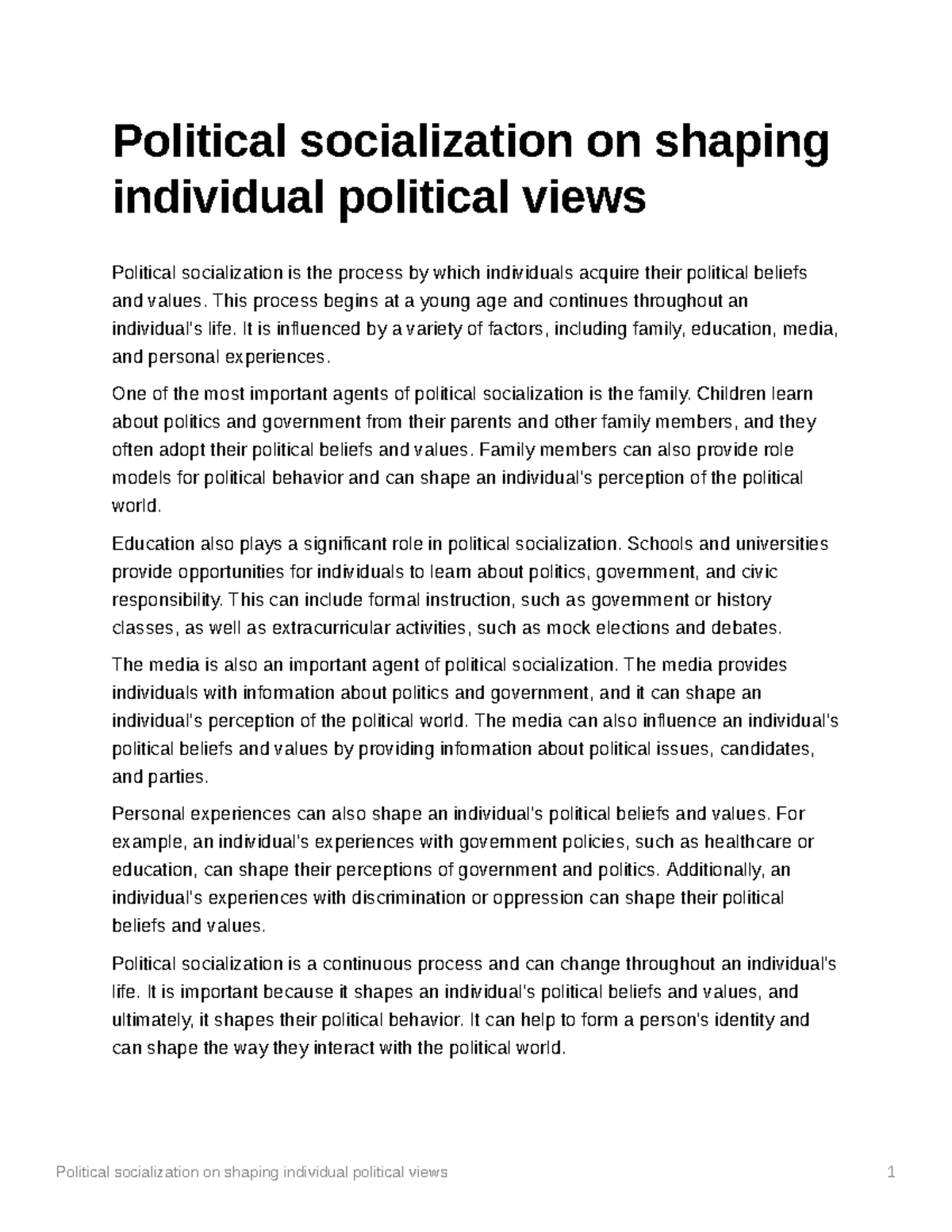 Political Socialization: Shaping Political Views and Values - Studocu