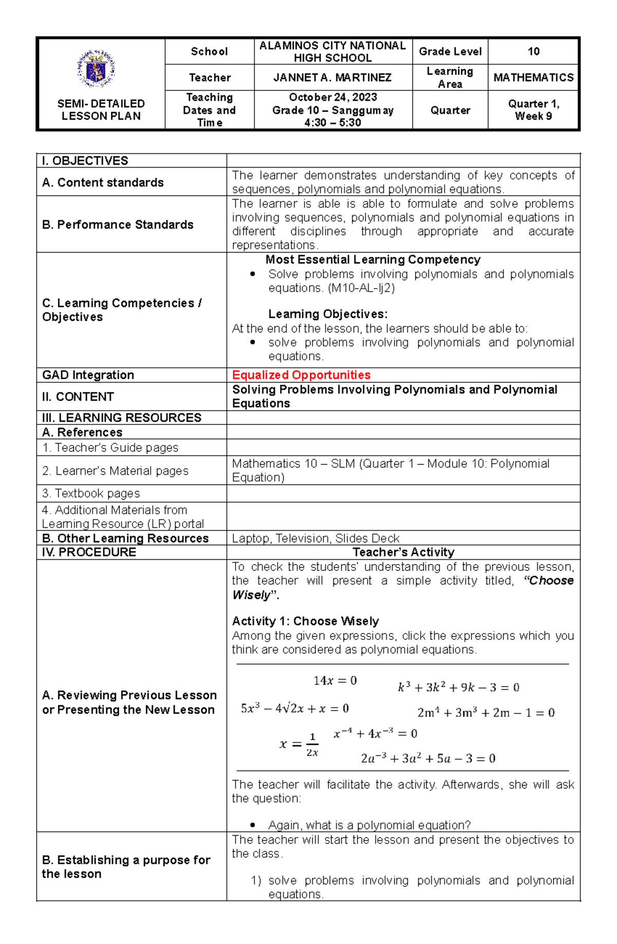 Math 10 COT 1: Detailed Lesson Plan on Polynomials and Equations - Studocu