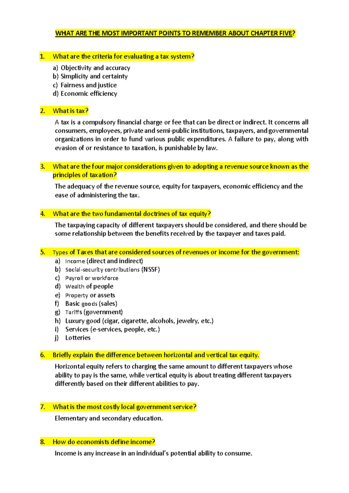 Summary of Key Points in Chapter 5: Taxation Principles and Concepts ...