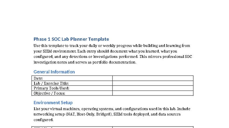 Phase 1 SOC Lab Planner Template for SIEM Progress Tracking - Studocu