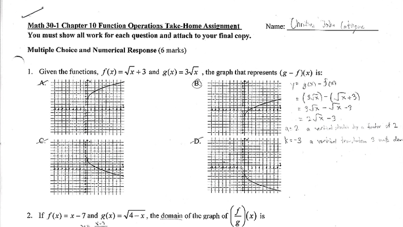 Math 30-1 Chapter 10 Function Operations Assignment - Studocu