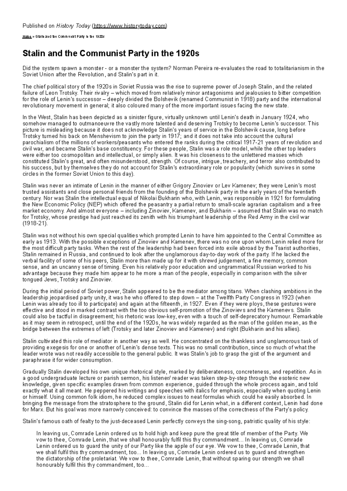 Stalin and the Communist Party in the 1920s: A Historical Analysis ...