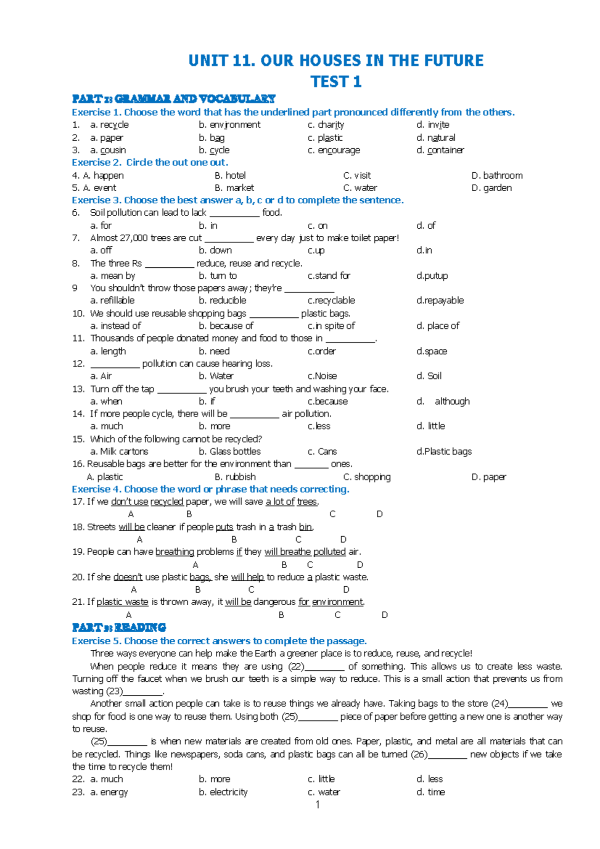 UNIT 11: OUR HOUSES IN THE FUTURE - TEST 1 GRAMMAR & VOCABULARY - Studocu