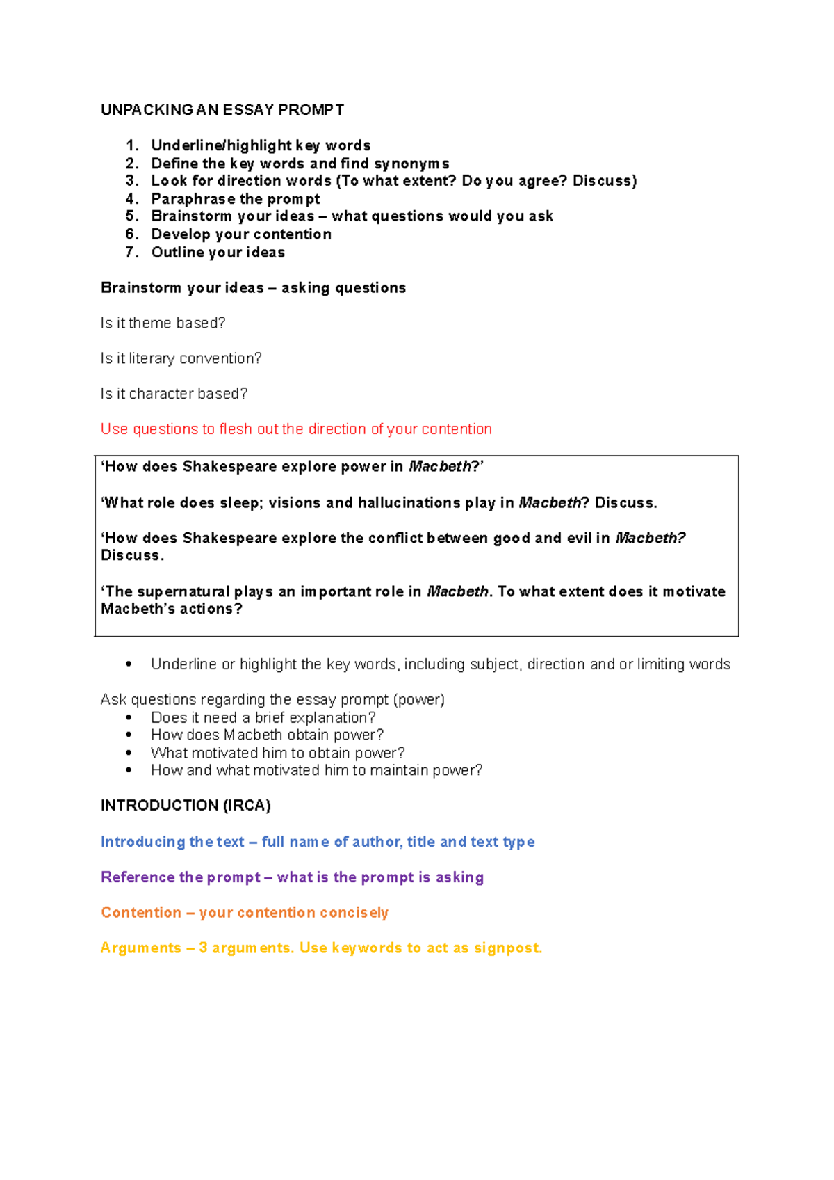 Unpacking AN Essay Prompt Macbeth - UNPACKING AN ESSAY PROMPT Underline ...