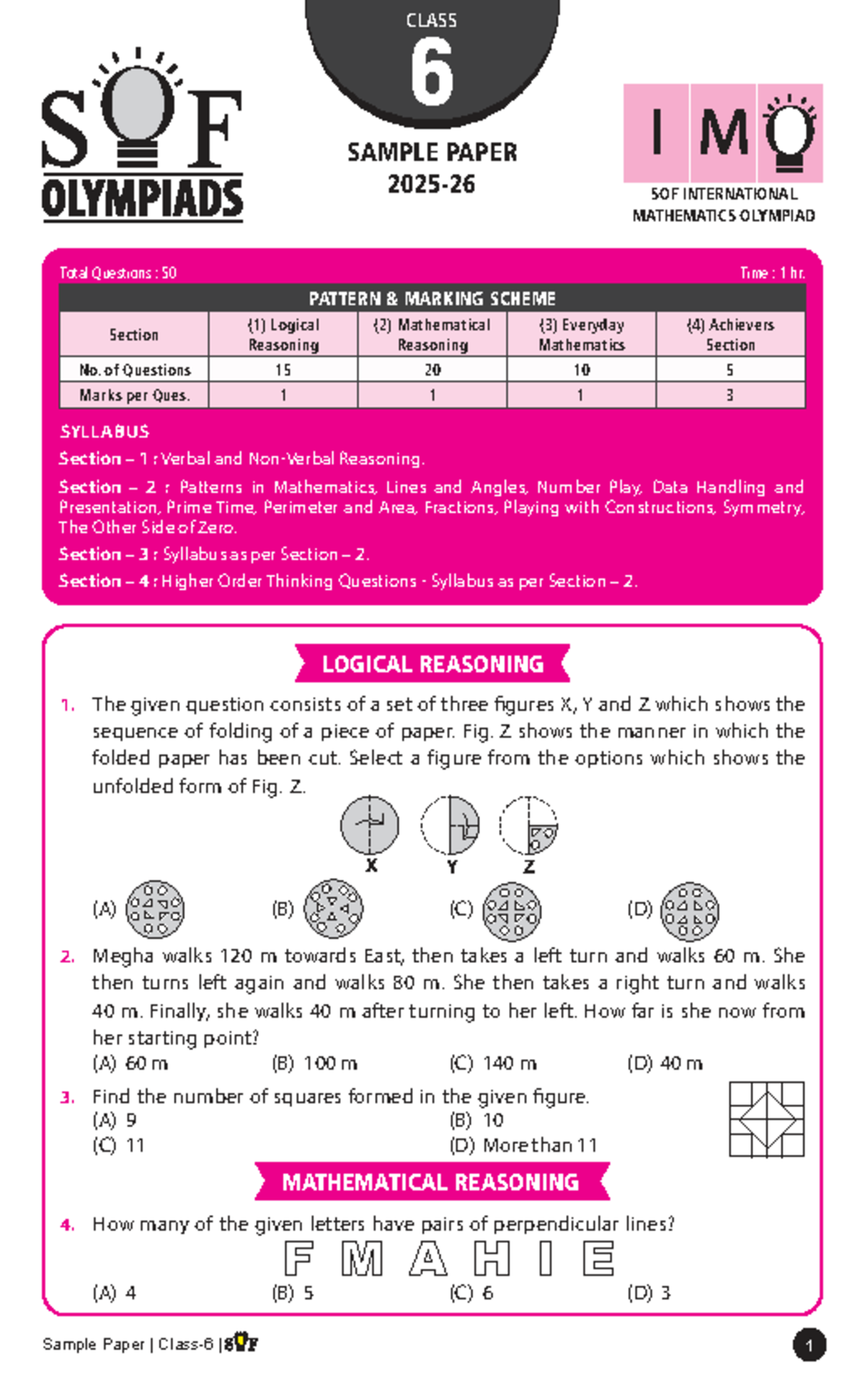 CLASS 6 IMo Sample Paper 2025-26: Mathematics Olympiad - Studocu