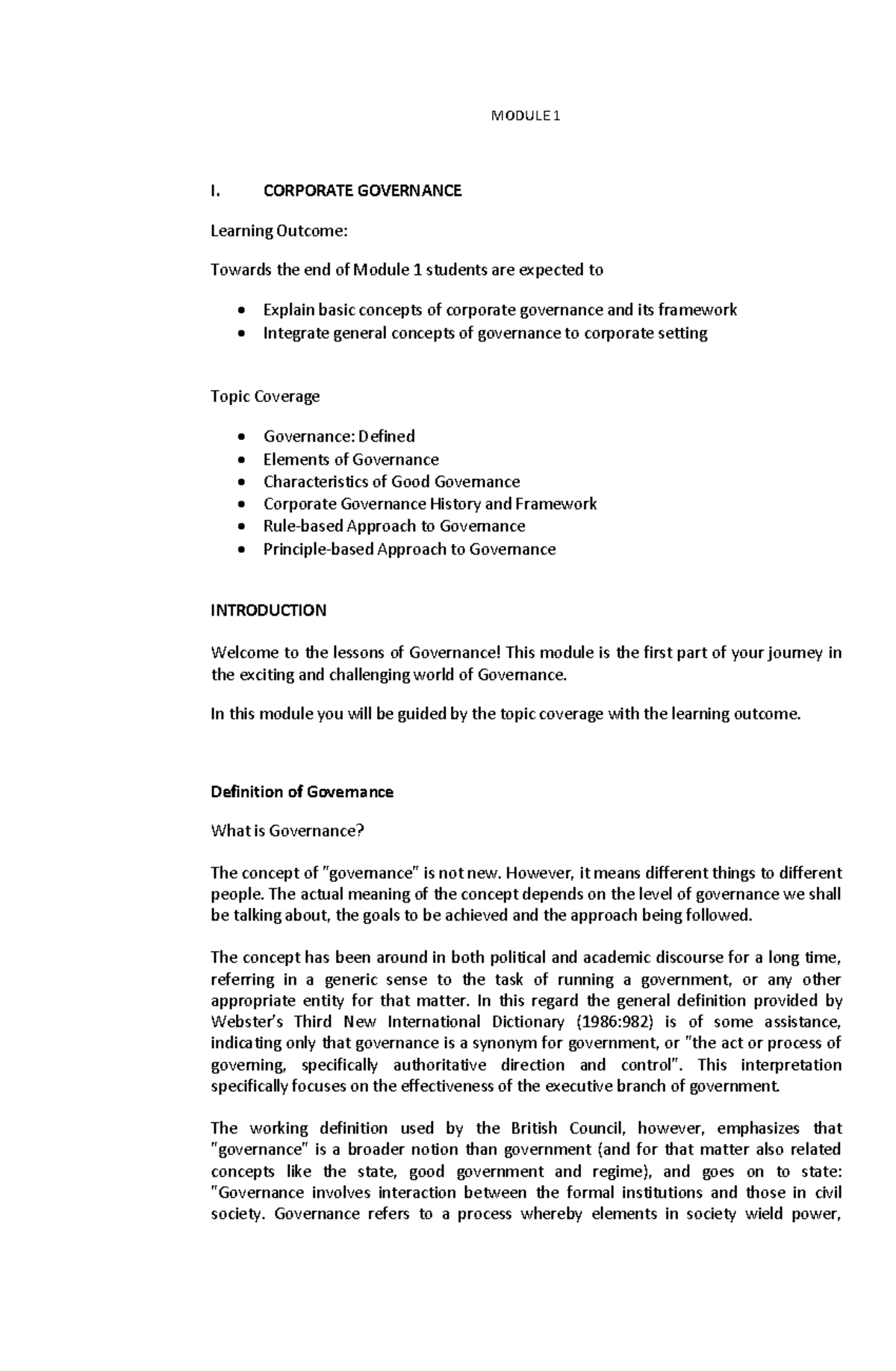 Gber - lecture notes for review - MODULE 1 I. CORPORATE GOVERNANCE ...