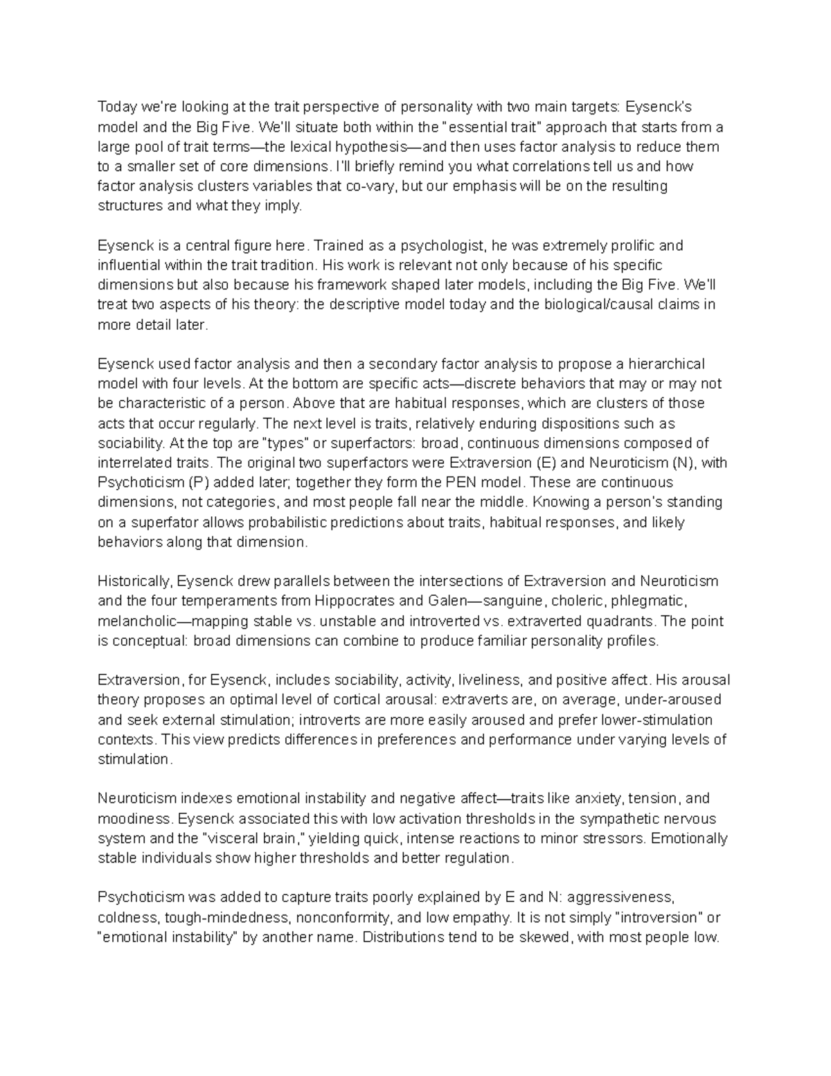 Personality 3 - Trait Perspective: Eysenck & Big Five Overview - Studocu