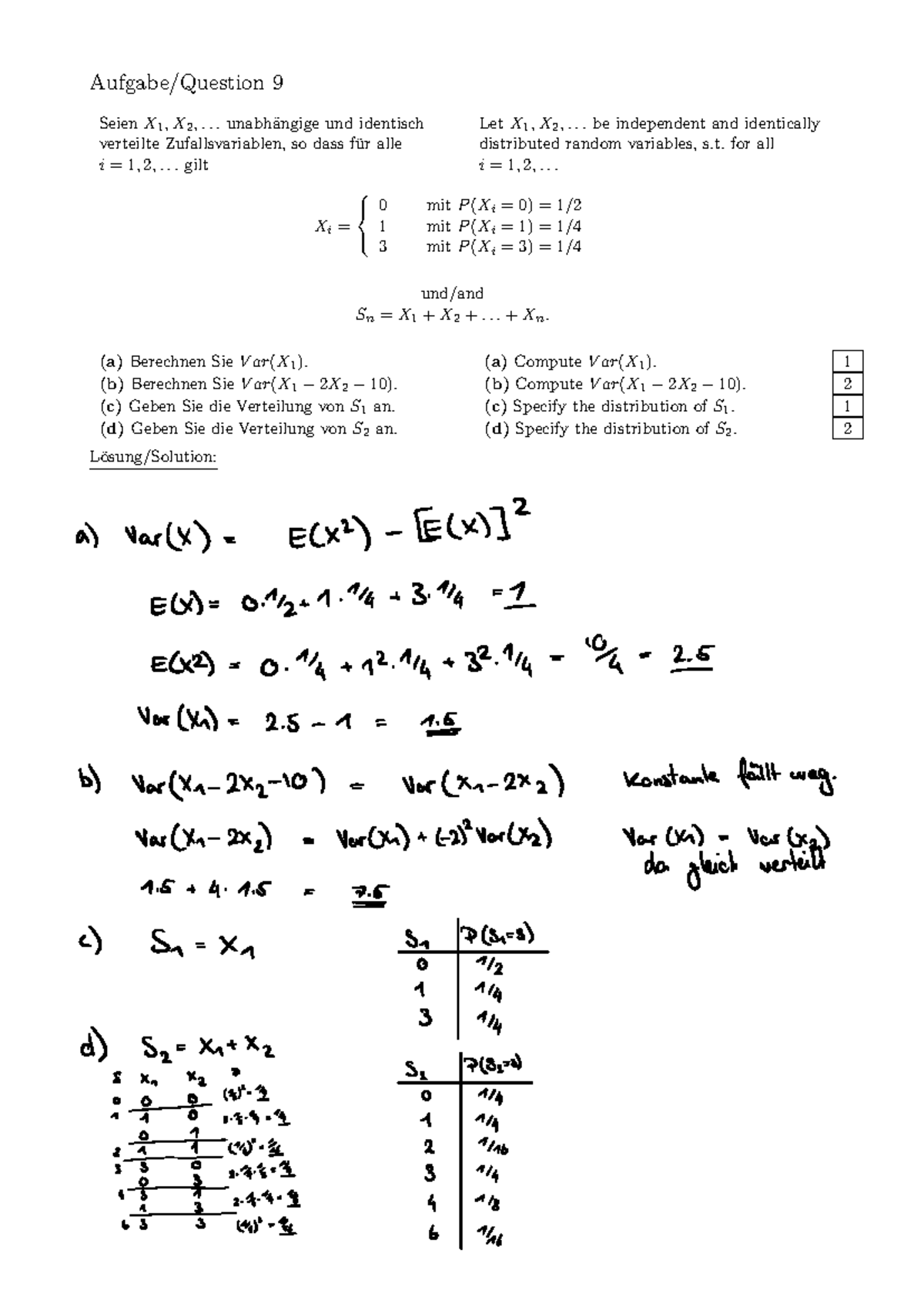 Mathe 2 HS25: Berechnung der Varianzen und Verteilungen von ...