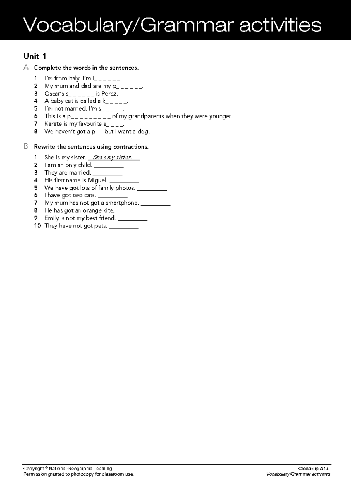 A1+ Extra Vocab & Grammar Activities for Unit 1-11 - Studocu