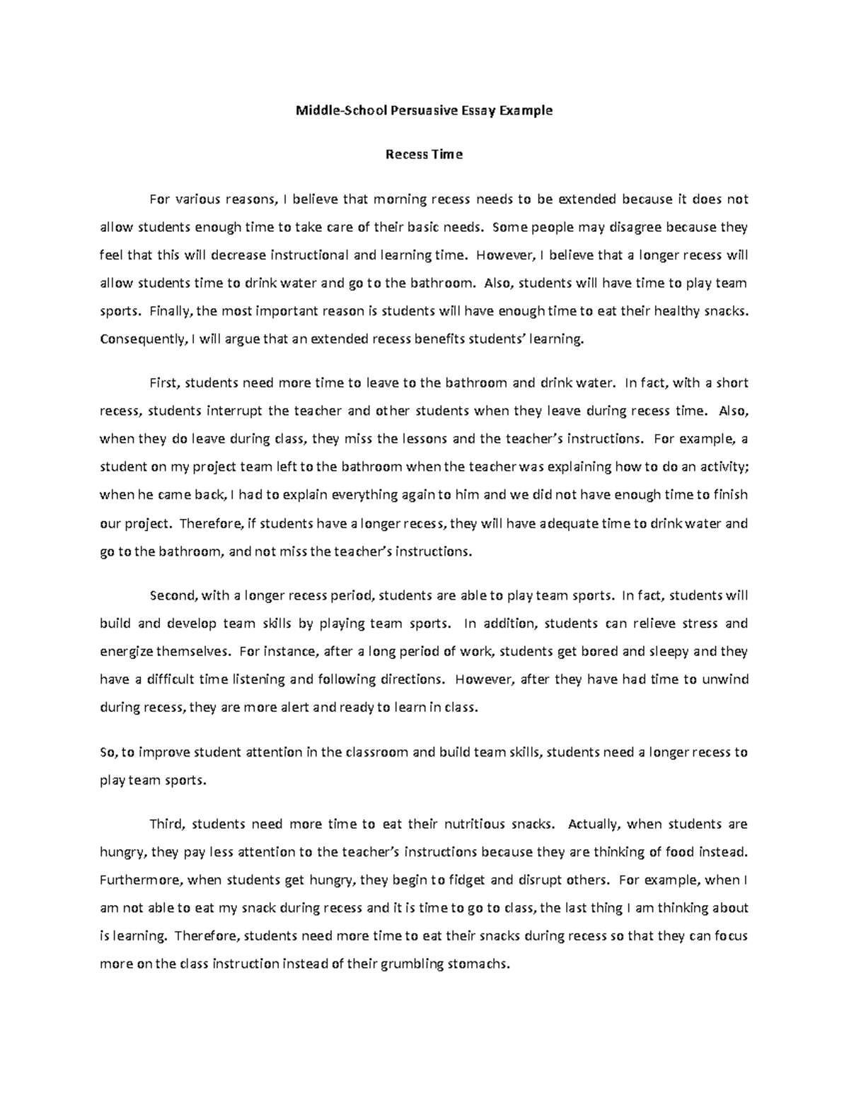 Middle school persuasive essay example - Persuasive Essay Example ...