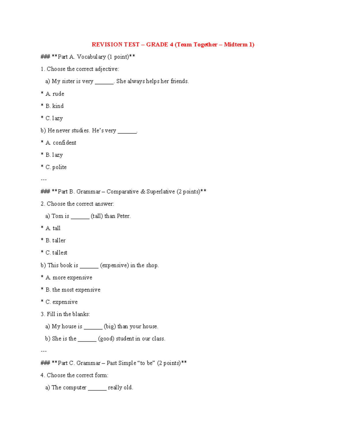 Revision Test Grade 4 (Team Together Midterm 1) - Studocu