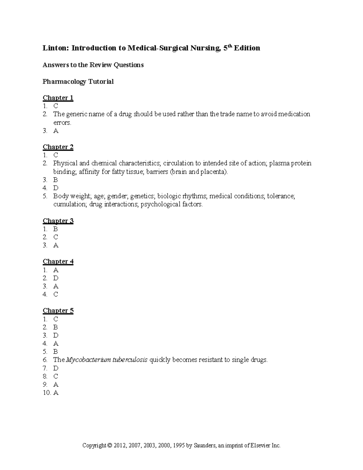 Answer Key for Pharmacology: Linton Med-Surg Nursing 5th Ed. - Studocu