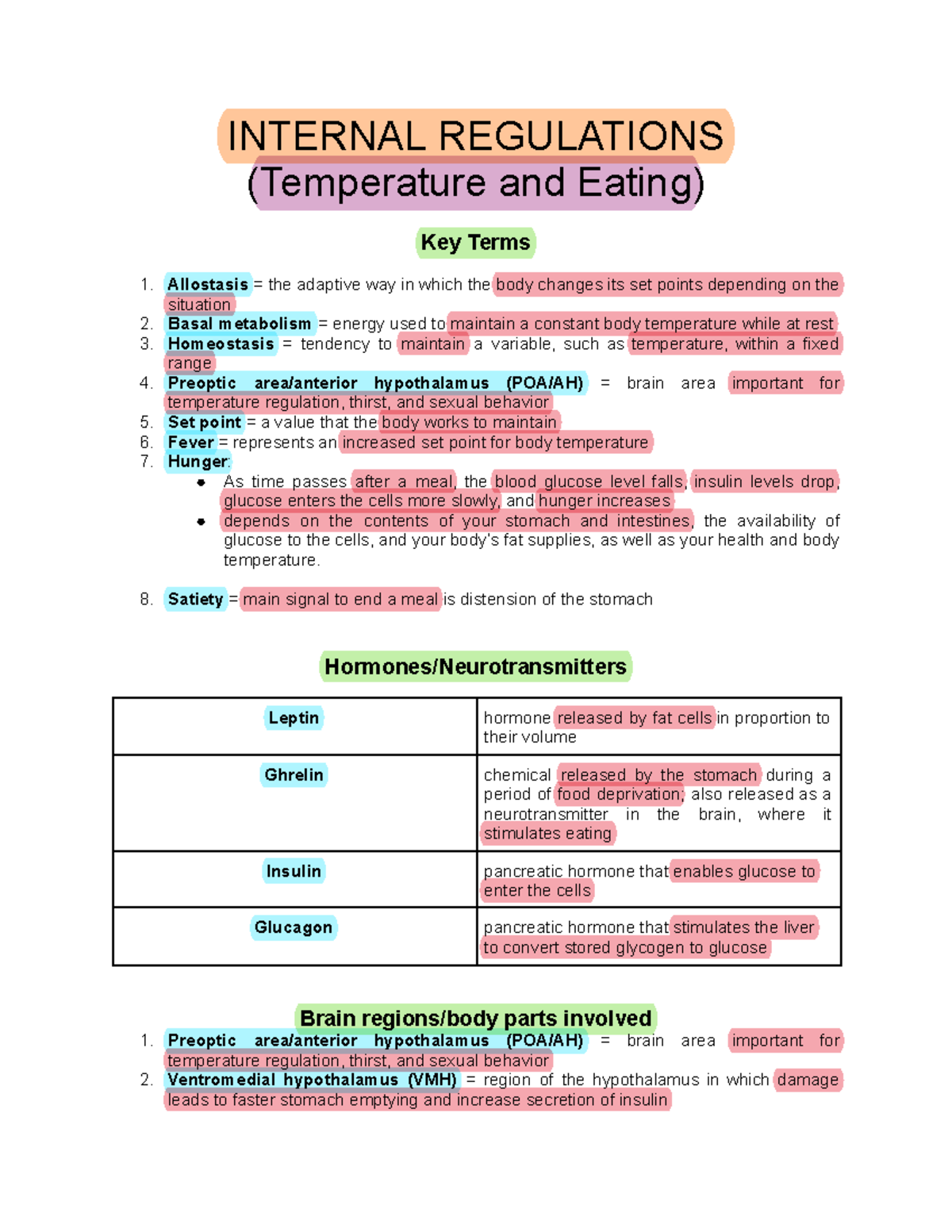 Biopsych 101: Final Exam Review on Internal Regulations and Disorders ...