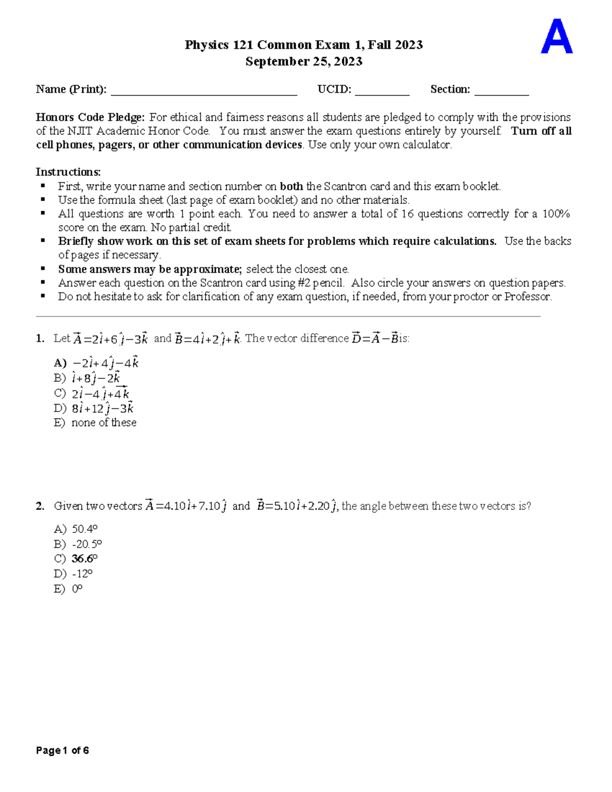 Phys121 Common Exam 1 Solutions - Fall 2023 - Studocu
