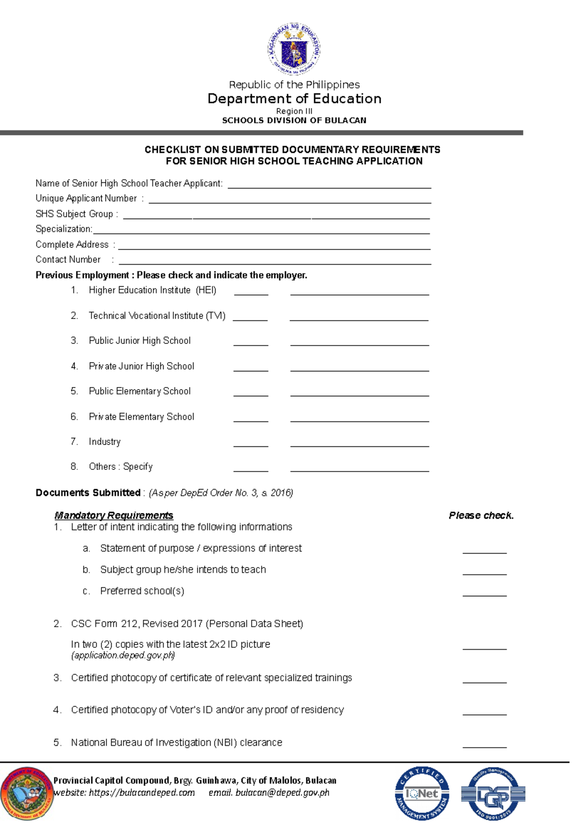 Checklist of Requirements for SHS Teaching Application - Studocu