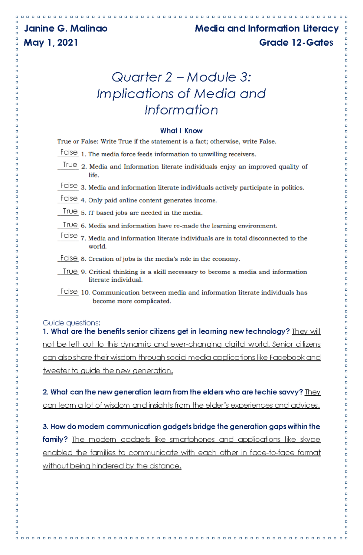 MIL Quarter 2 - Module 3: Media, Generational Insights & Inclusion - Studocu