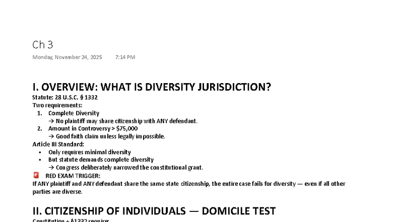 Ch 3 - Civ Pro: Overview of Diversity Jurisdiction and Key Concepts - Studocu