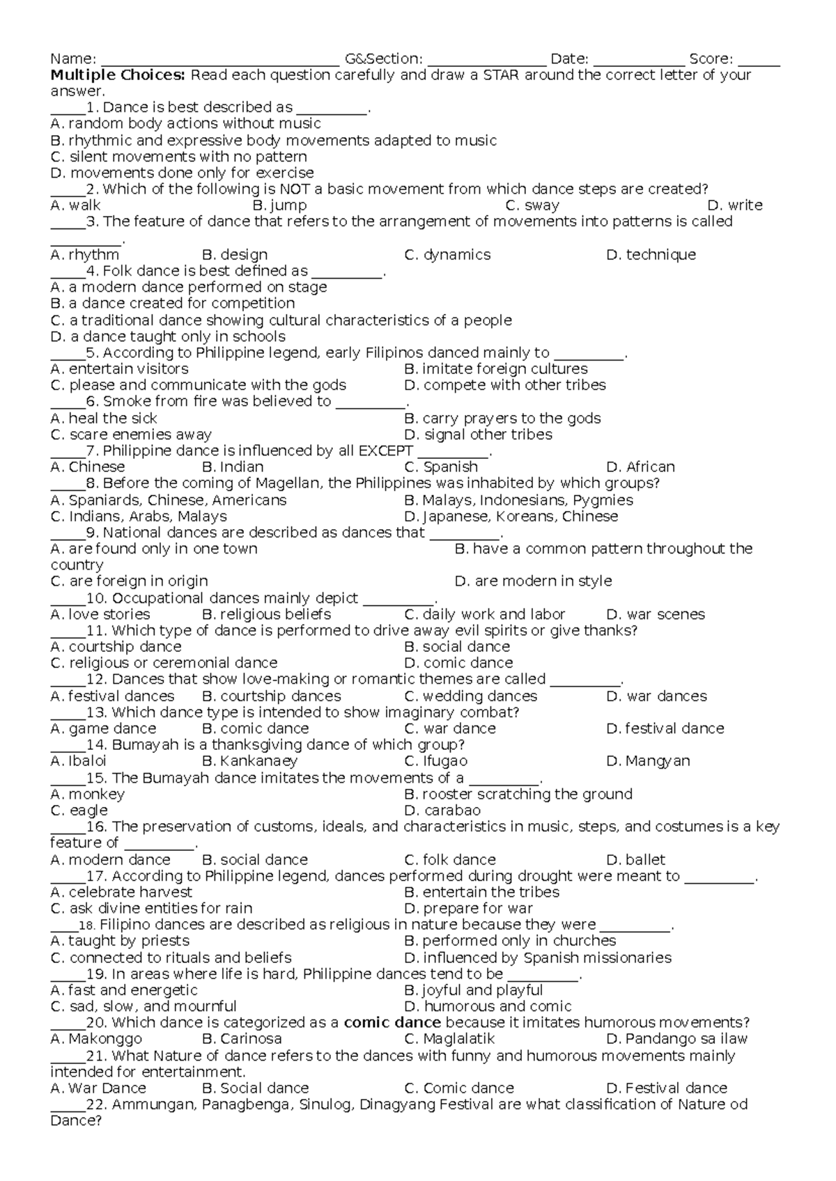 PE 8 Dance Quiz Q3 Week 8 - Multiple Choice Questions on Dance - Studocu