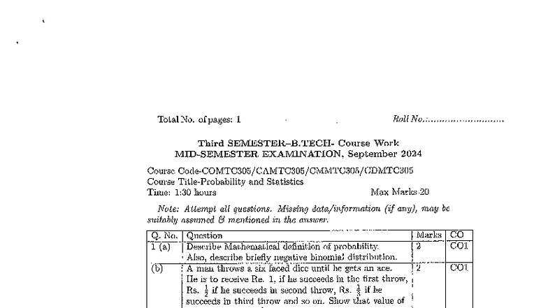Comtc 305: Statistics Course Work Exam - September 2024 - Studocu