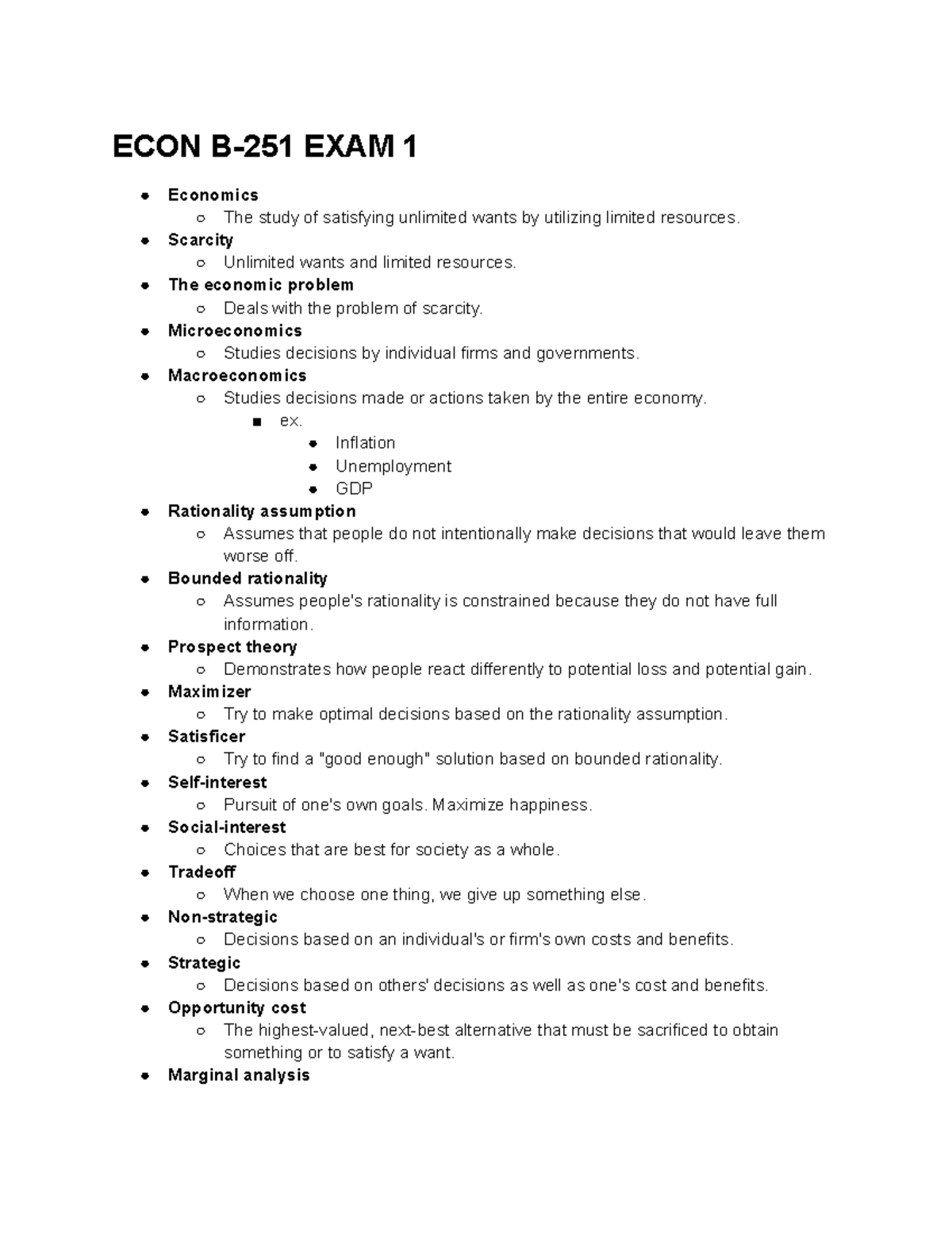ECON B-251 EXAM 1 - This document includes important terminologies from the lecture that will ...