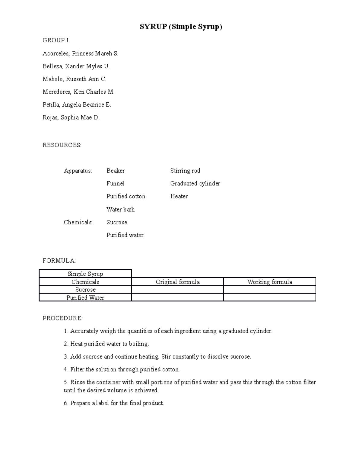 SYRUP LAB Manual - Procedure and Applications of Simple Syrup - Studocu