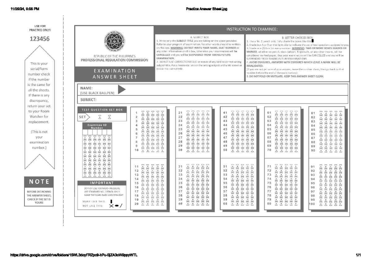 Practice Answer Sheet - PRC Examination Regulations - Studocu